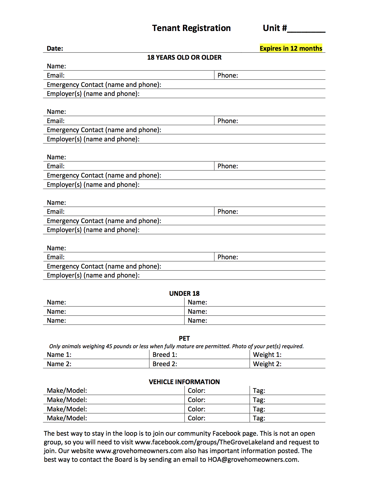 Tenant Registration The Grove Homeowners Association